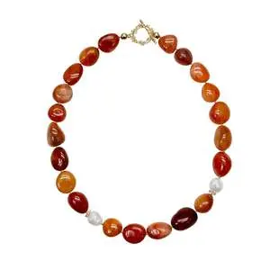 FARRA Nugget Red Agate With Freshwater Pearls Choker - Orange