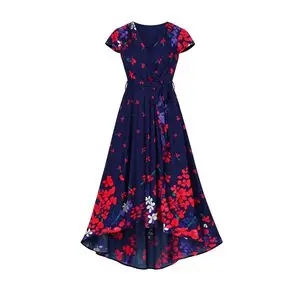 YUMI Navy Floral Print Wrap Midi Dress With High-low Hem