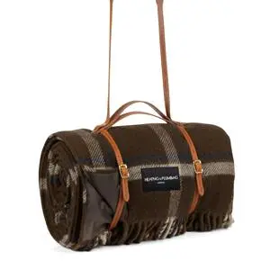HEATING & PLUMBING LONDON Pure New Wool Picnic Blanket Checkmate Mocha - Brown