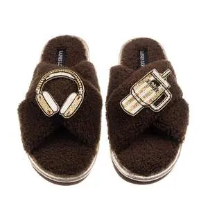 LAINES LONDON Neutrals Laines Neutral Boucle Slippers With Headphones & Quencher Brooches Chocolate - Brown