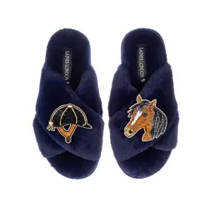 LAINES LONDON Embellished Faux Fur Slippers With Riding Hat And Horse Brooch - Blue
