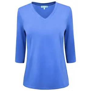 PERLAVERA Solid Cotton Spandex Three-quarter Sleeve V-neck T-shirt