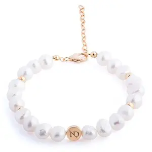 N'DAMUS LONDON White / Gold Nacre Gold & Ivory Baroque Pearl Bracelet With Gold Button - White/gold