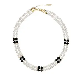 FARRA Freshwater Pearls With Black Obsidian And Zircon Stone Statet Collar Necklace - White