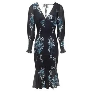 URBAN TOUCH Floral Print Bodycon Style Long Sleeve Dress Navy - Blue