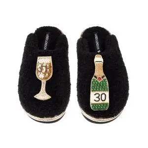 LAINES LONDON Teddy Towelling Closed Toe Slippers With Champagne Bottle And Glass Brooches - Black/gold