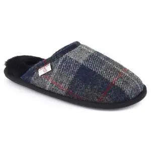 BEDROOM ATHLETICS William Harris Tweed Sheepskin Lined Mule Slippers Navy / Black Check - Blue