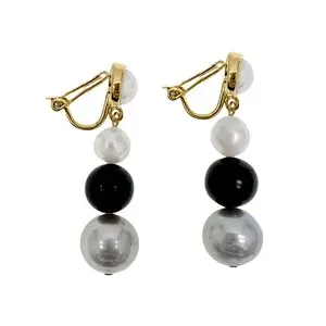 FARRA Timeless Black Grey And White Freshwater Pearls Clip-on Earrings - Black/gray/white