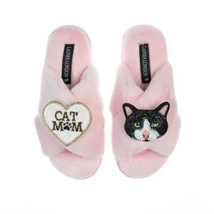 LAINES LONDON Classic Slippers With Cat Brooches - Pink