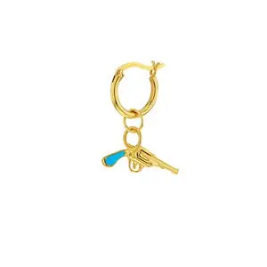 TRUE ROCKS Blue / Gold 18kt Gold Plate & Turquoise Mini Retro Pistol Charm On Gold Hoop - Blue/gold