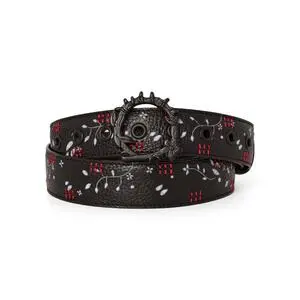 LIMAR Black / Red Embroidered Black Leather Belt With Statet Matt Buckle - Black/red