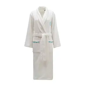 KM HOME COLLECTION Turquoise Coral Embroidery Aegean Cotton Bathrobe - White