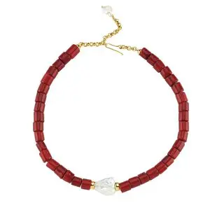 LINYA JEWELLERY Gold / Red Harmonia Baroque Pearl Red Coral Necklace - Gold/red