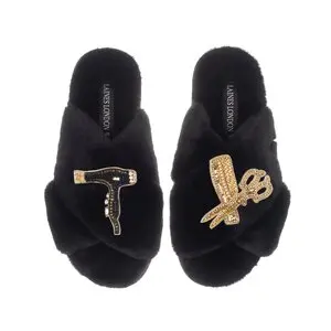 LAINES LONDON Classic Laines Slippers With Hairdresser Brooches - Black