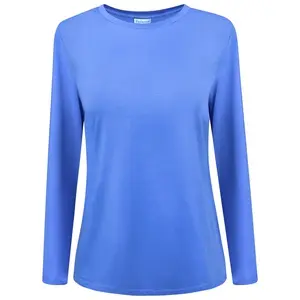 PERLAVERA Tanya Solid Cotton Spandex Long Sleeve Crew Neck T-shirt - Blue