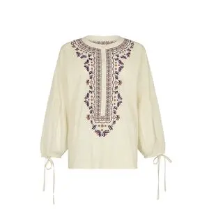 RAFFYA Anai Half Placket Embroidered Blouse In Cream - White