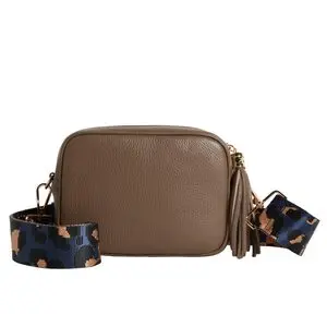BETSY & FLOSS Verona Crossbody Dark Taupe Tassel Bag With Dark Blue Leopard Strap - Brown