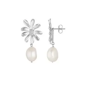 LULU B LONDON Daisy Flower & Pearl Silver Stud Drop Earrings - White