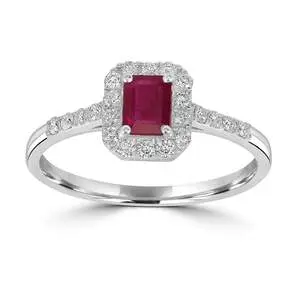ARTISAN White / Yellow Emerald-cut Ruby & Diamond Halo Ring With Pavé Band In 18k White Gold - White/yellow