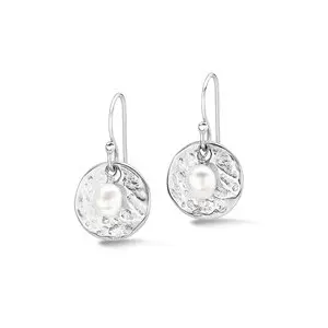 DOWER & HALL Hammered Disc & White Freshwater Pearl Nomad Earrings In Sterling - Silver