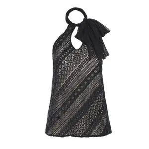 LAHIVE Indie Polka Dot Mesh Tie Halter Top - Black
