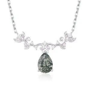 AZURA JEWELRY NEW YORK Foliage Whispers Moss Agate Necklace White Gold Vermeil - Silver