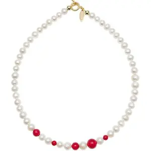FARRA White / Red Round White Pearls And Red Coral Mixed Necklace - White/red