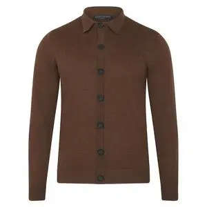 PAUL JAMES KNITWEAR Extra Fine Merino Wool Cassiuss Polo Cardigan Oak - Brown