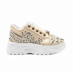 RETTROSE Neutrals Iska Luxury Buttermilk Satin Handmade Embellished Trainer - Black