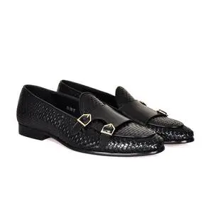 DAVID WEJ Lorenzo Woven Monk Strap Loafers - Black