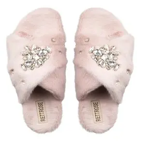 RETTROSE Plush Diamanté Embellished Slipper - Pink