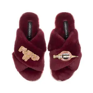 LAINES LONDON Embellished Faux Fur Cross Strap Slippers - Red