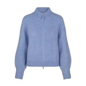 TIRILLM Mathea Lace Knitted Mohair Cardigan With Zipper In Front, Light Melange - Blue