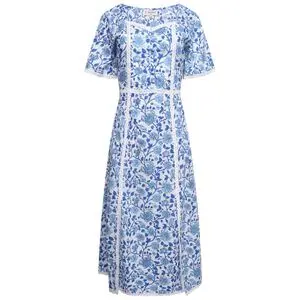 LATELIER LONDON Serafina Floral Cotton Midi Dress With Side Splits - Blue