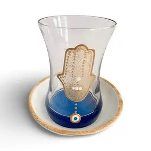 CASA DUNIYA Hand-painted Hamsa Glass Teacups Set Of Six - Blue