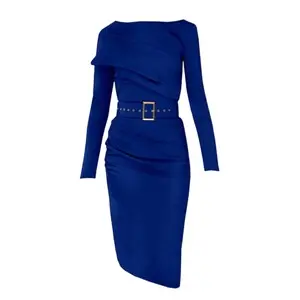 ALINA CERNATESCU Slide Electric Midi Cocktail Dress With Asymmetric Skirt And Textile Belt - Blue