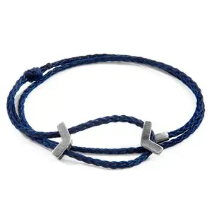 ANCHOR & CREW Navy William Silver & Rope Skinny Bracelet - Blue