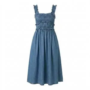 MODENAIRE Smocked Midi Dress Soft Gathered Form - Blue