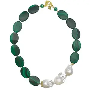 FARRA Oval Malachite & Baroque Pearl Short Necklace - Green