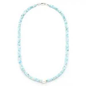 Shar Oke Blue / White / Silver Larimar & Freshwater Pearl Necklace - Blue/white/silver