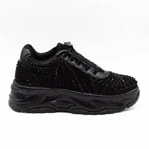 RETTROSE Sofia Luxury Noir Satin Handmade Embellished Trainers