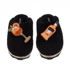 LAINES LONDON Teddy Towelling Closed Toe Slippers With Summer Spritzer Brooches - Black