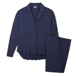 MAMU DREAM Navy Oversized Retro Ribbed Soft Modal Hero Shirt & Wide Leg Jogger Set - Blue