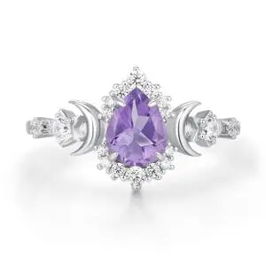 AZURA JEWELRY NEW YORK Galactic Pear Cut Amethyst Ring White Gold Vermeil - Silver
