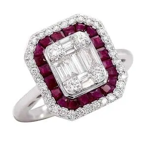 ARTISAN White / Red Baguette Ruby And Diamond Halo Ring In 18k White Gold - White/red