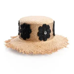SIBI HATS Raffia Straw Hat With Floral Embellishments - Black