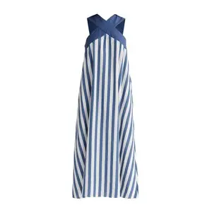 PAISIE Cross Strap Halterneck Maxi Dress In And White - Blue