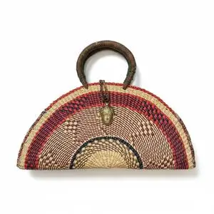 SOKONA Neutrals / Large Kusana Half-moon Handwoven Straw Bag With Brass - Red