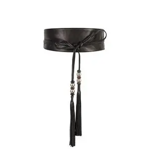 JUAN-JO Leather Obi Belt With Long Tassels - Black