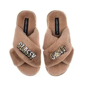 LAINES LONDON Faux Fur Cross Strap Slippers With Embellished Brooches - Brown